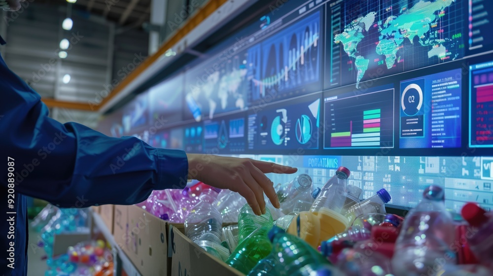 Person sorting plastic bottles at a recycling facility with digital ...