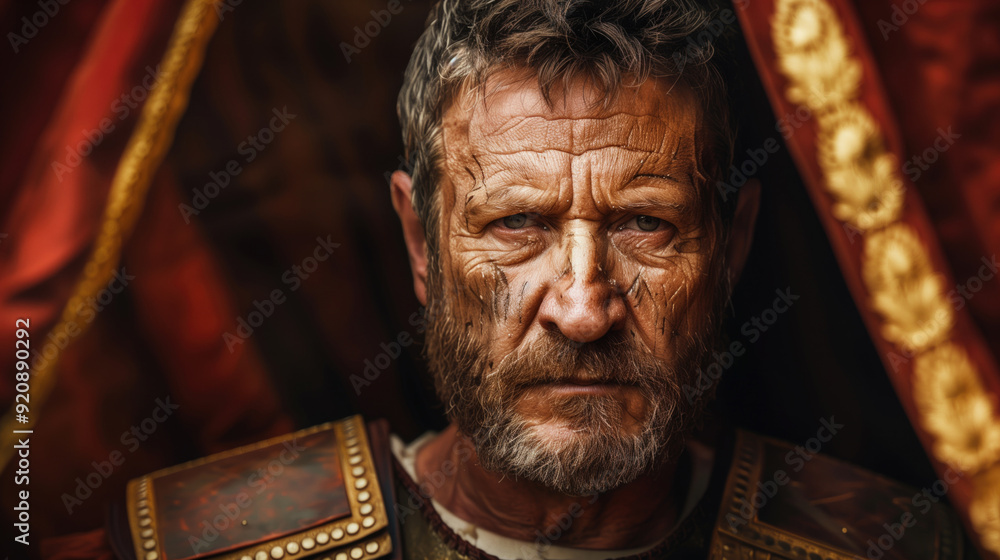 Portrait of emperor Augustes of Rome in Roman armor with intense gaze ...
