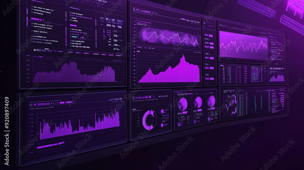 Computer monitor displaying an abstract network monitoring dashboard with real-time data ...