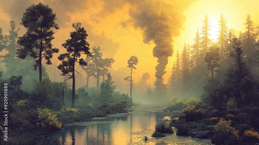 Pollution effects on a vibrant forest ecosystem showing smog-filled ...