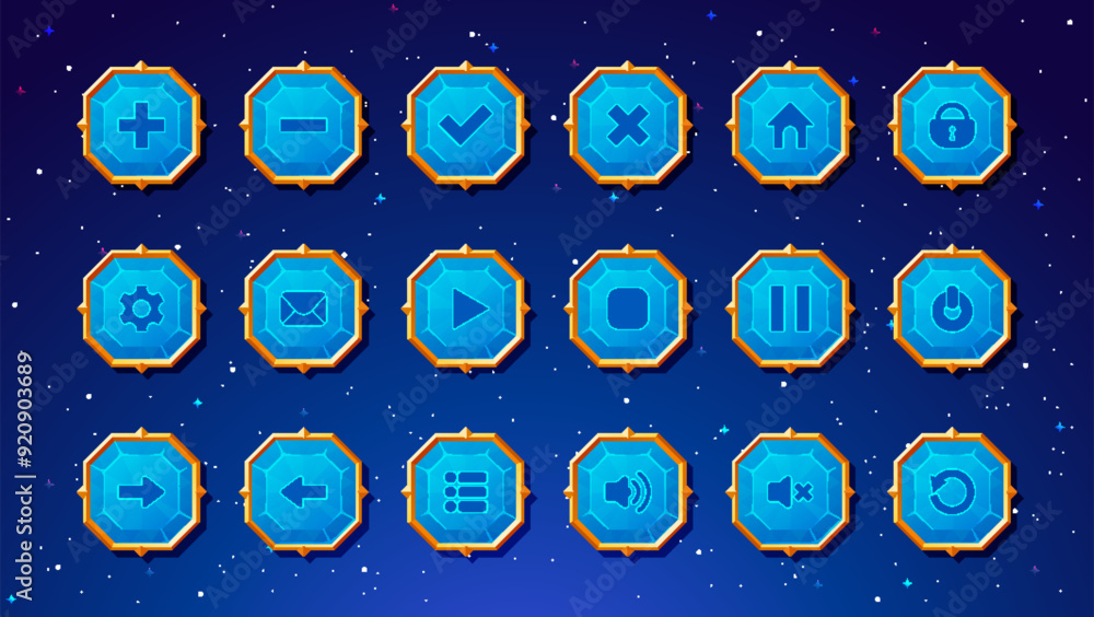 Gemstone buttons with luxury gold frame and set of menu icons for games ...