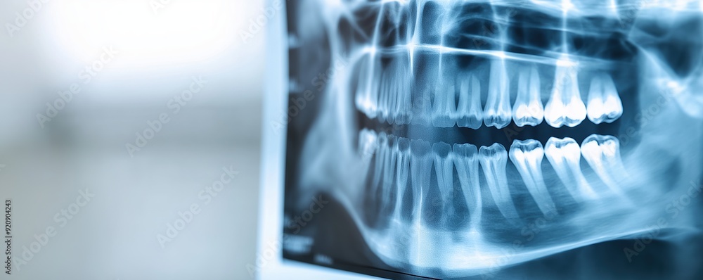 A panoramic X-ray of the jaw, highlighting dental anatomy, showcasing ...