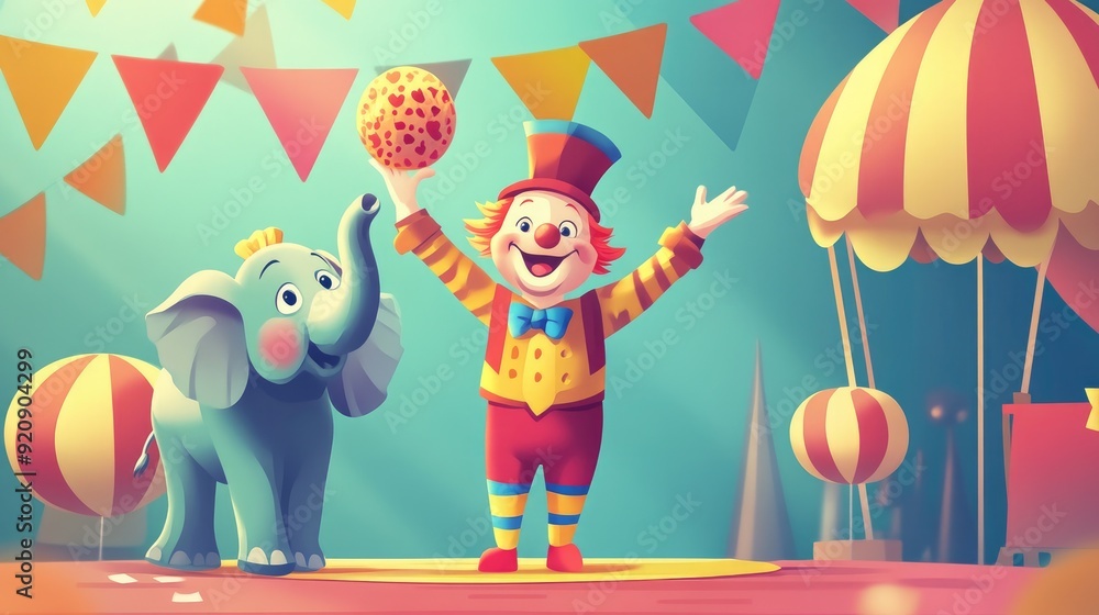 Adorable cartoon circus featuring a clown magician, an elephant ...
