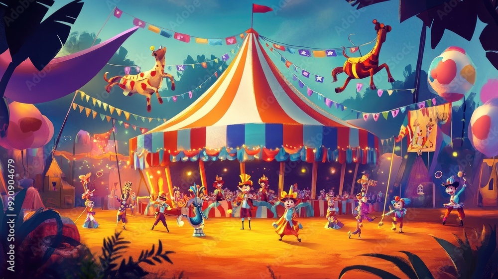 Adorable cartoon circus tent with lively performers, including clowns ...