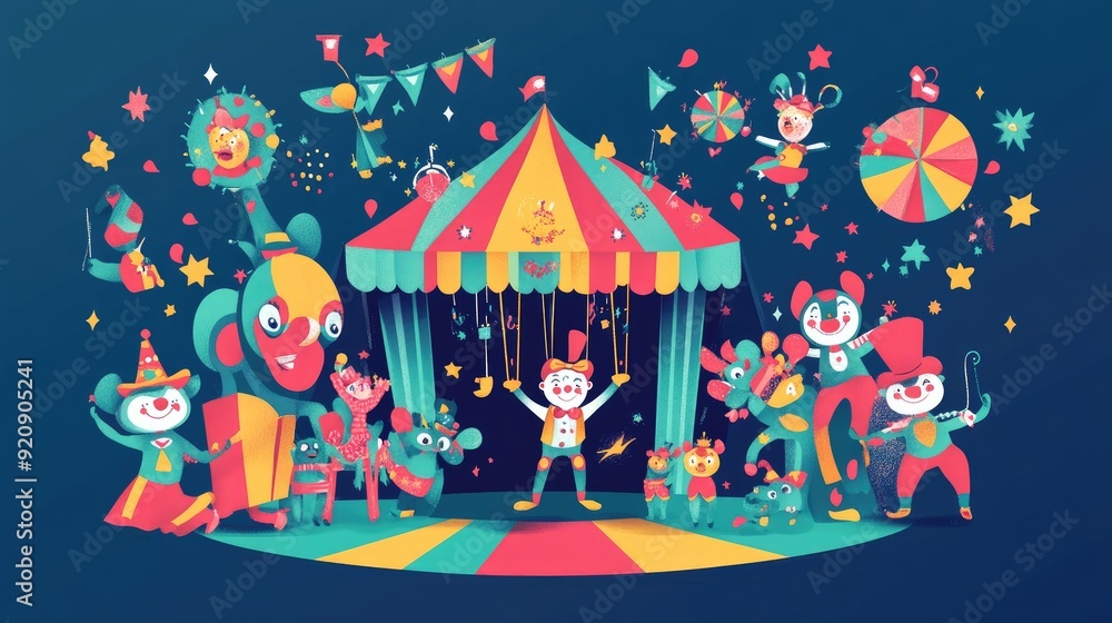 Adorable cartoon performers in a circus act, including clowns, trapeze ...