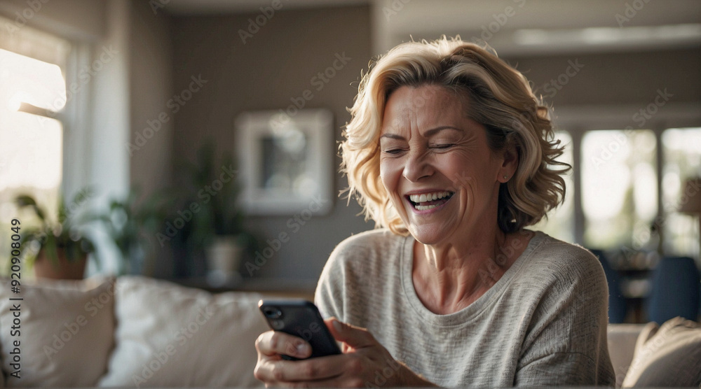 Relaxed mature old 60s woman, older middle aged female customer holding ...