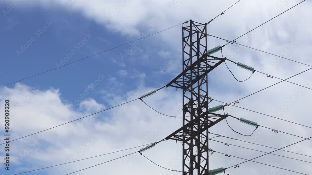 Electric power transmission lines. High voltage power line pylon and ...