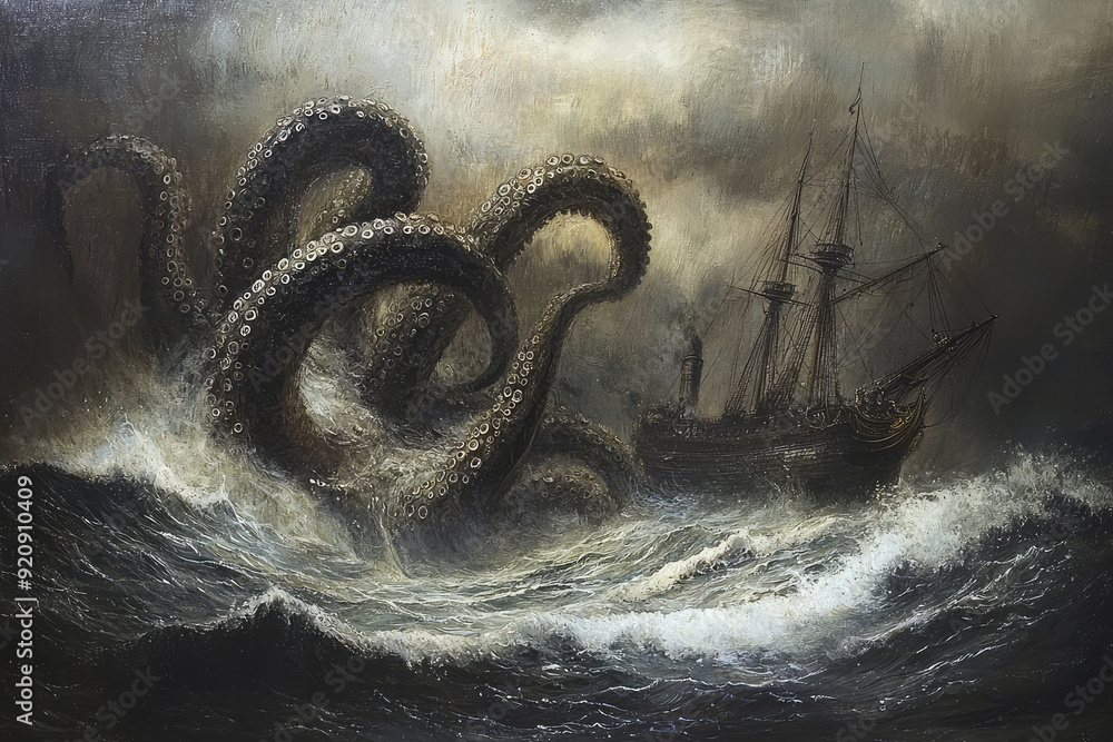 A colossal sea monster rises from the deep, its tentacles thrashing amid turbulent waves ...