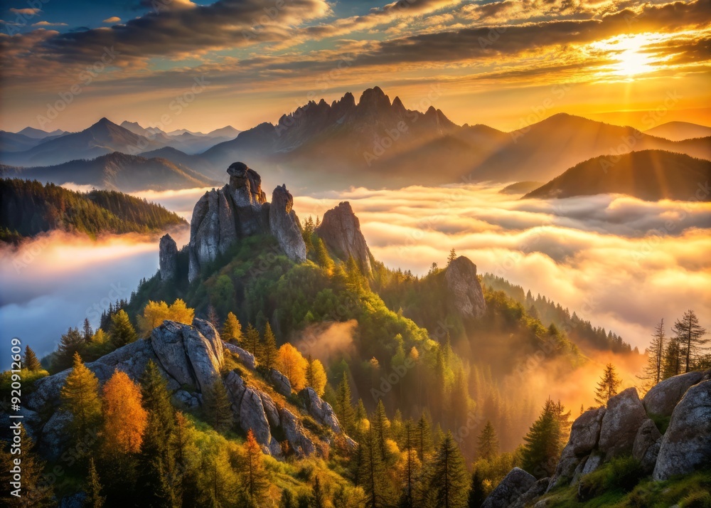 Serene misty dawn breaks over a rugged mountain landscape, with soft ...