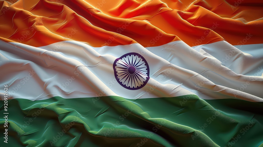 Closeup picture of Indian flag made up of pure cotton or khadi, showing ...