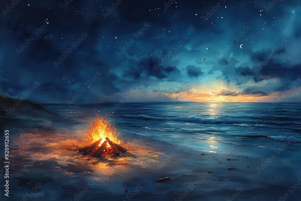serene night beach scene with a glowing bonfire watercolor technique ...