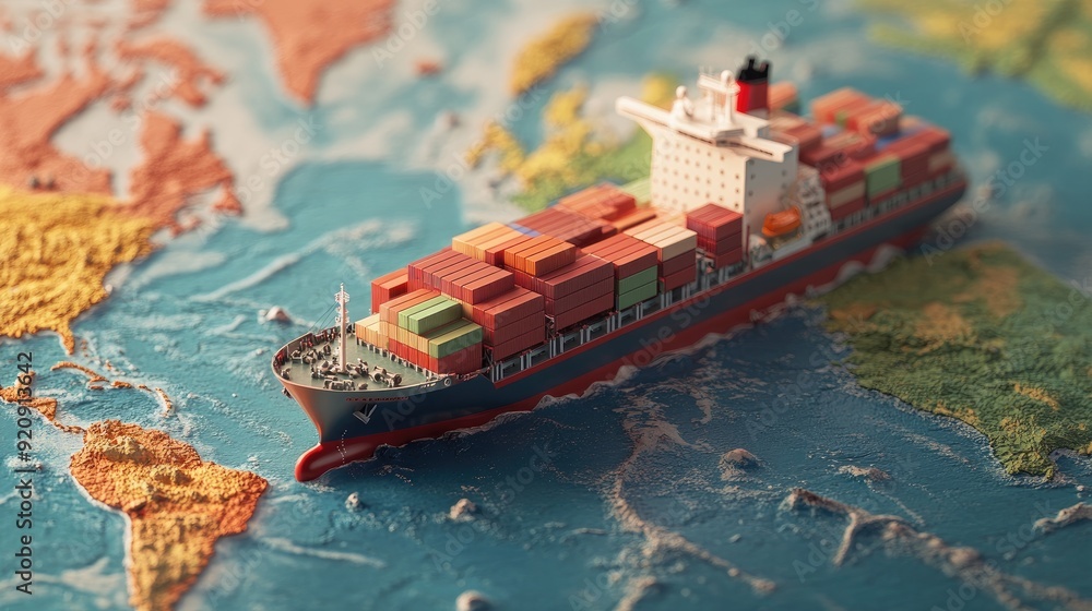 Container ship model navigating across a world map, symbolizing global ...
