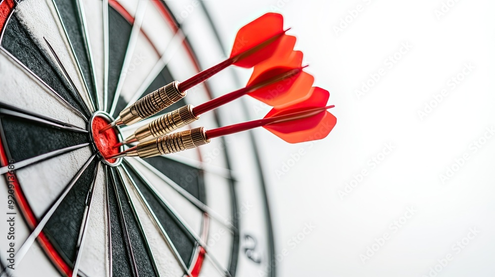 Dartboard on a white background with darts showing a mix of successes ...