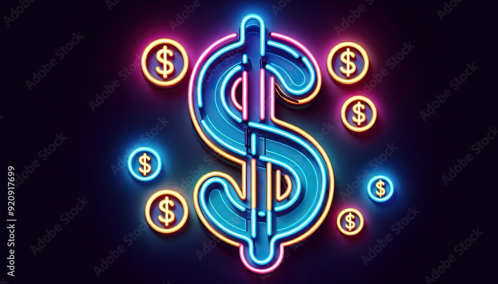Neon dollar symbol in blue surrounded by smaller dollar symbols in ...