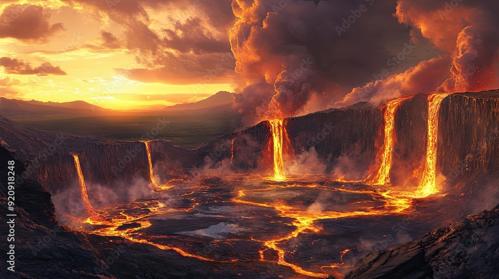 Surreal volcanic landscape featuring boiling lava pools and steam vents ...