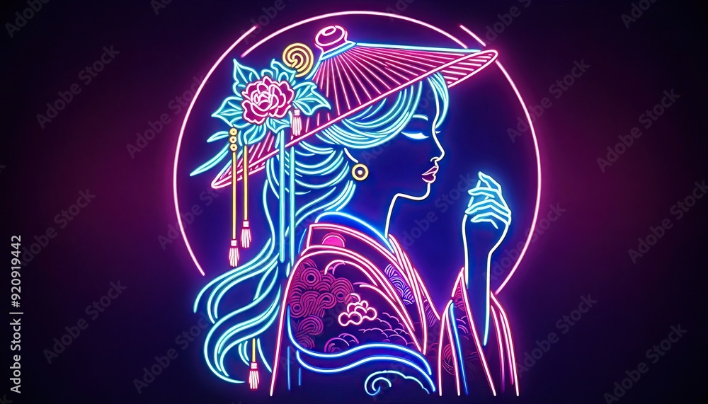 Neon geisha portrait with traditional hairstyle Retro futuristic style ...