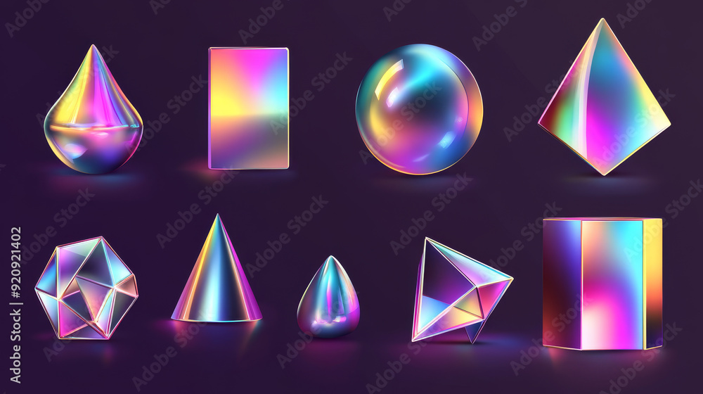 3D chrome holographic iridescent metal shapes with rainbow gradient ...