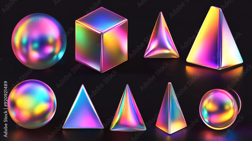 3D chrome holographic iridescent metal shapes with rainbow gradient ...