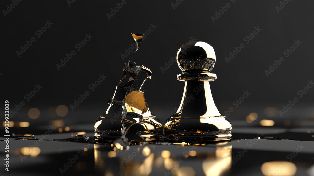 3D illustration of a broken pawn and another one repaired with a golden ...