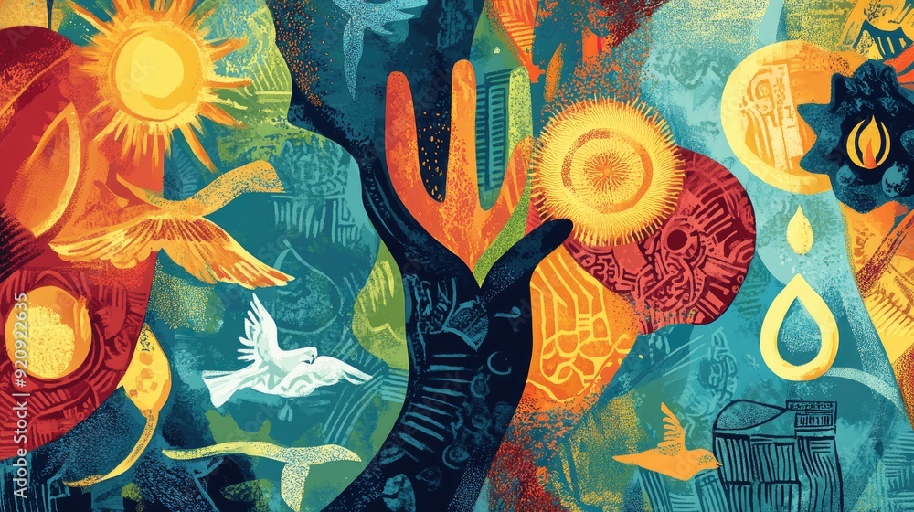 Gentle abstract illustration of global faith symbols, creating a ...