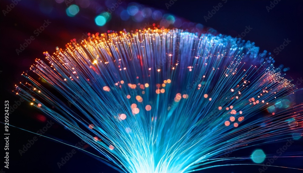 Close-up of fiber optic cable with glowing strands, representing high ...