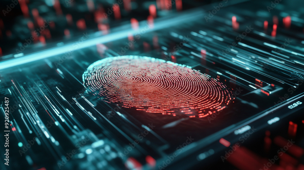 Isometric digital modern identity with a bright fingerprint on a ...