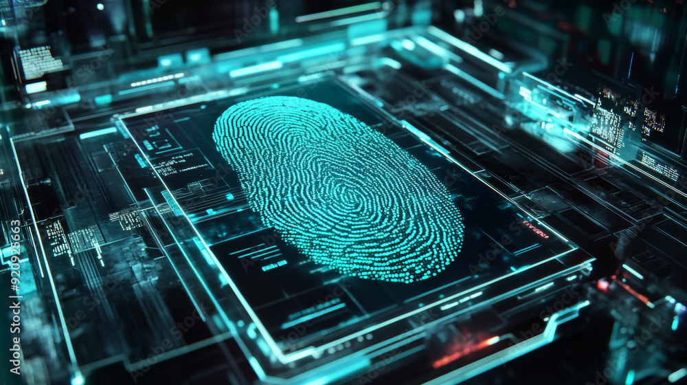 Isometric digital modern identity with a bright fingerprint on a ...