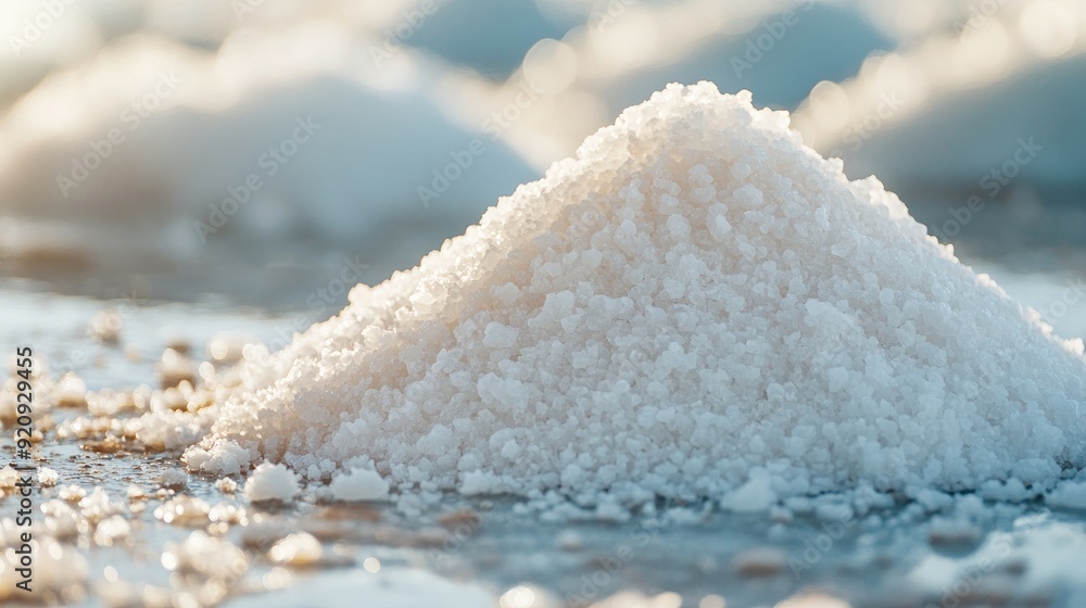 A close-up of a salt pile in a salt field, representing the natural and ...