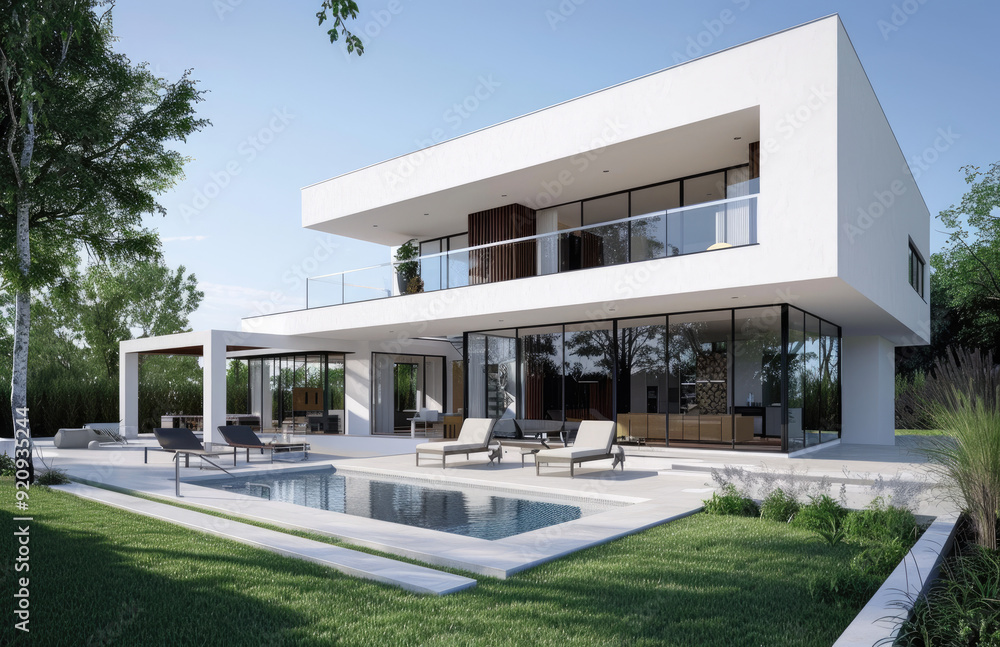 modern minimalist villa in Ibiza with a large pool and garden, white ...