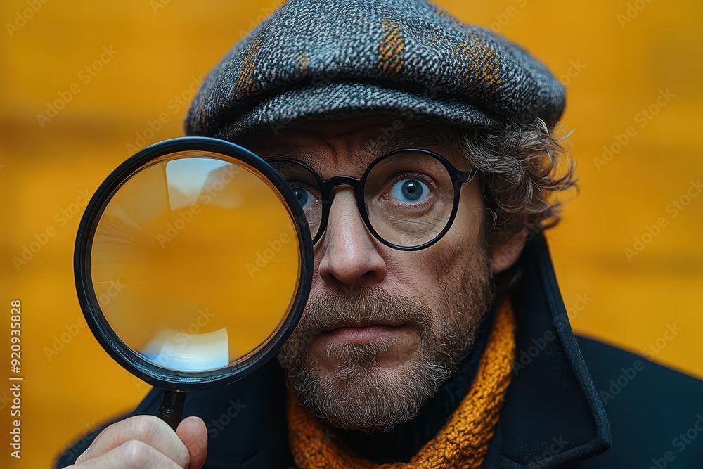 quirky detective character exaggerated closeup of man peering through ...