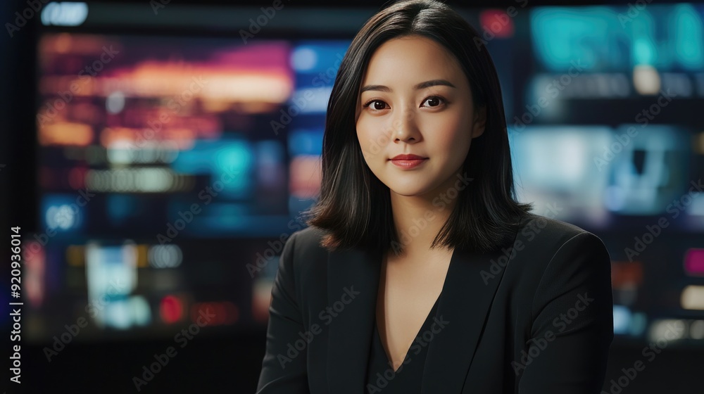 Asian female news anchor reports breaking news, seated in a TV studio with a dynamic background ...
