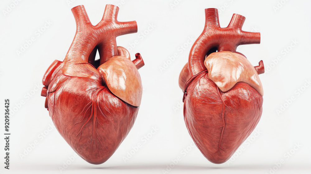 Anatomy of the human heart, shown from the front and side views, in 3D ...