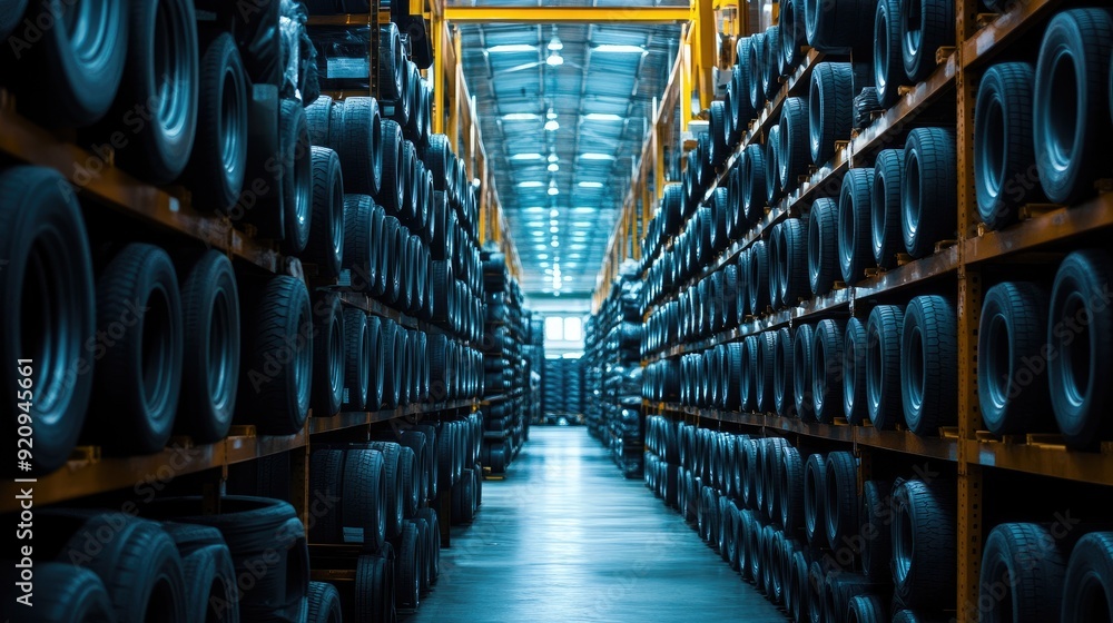 Rows of stacked car tyres along a factory storage area, showcasing the ...