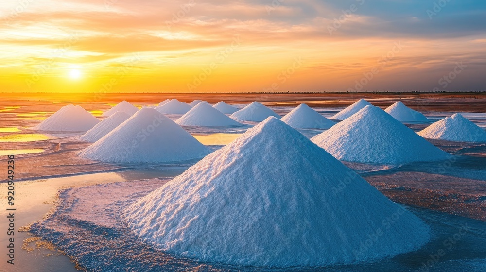 Vast salt fields with piles of harvested salt, demonstrating the ...