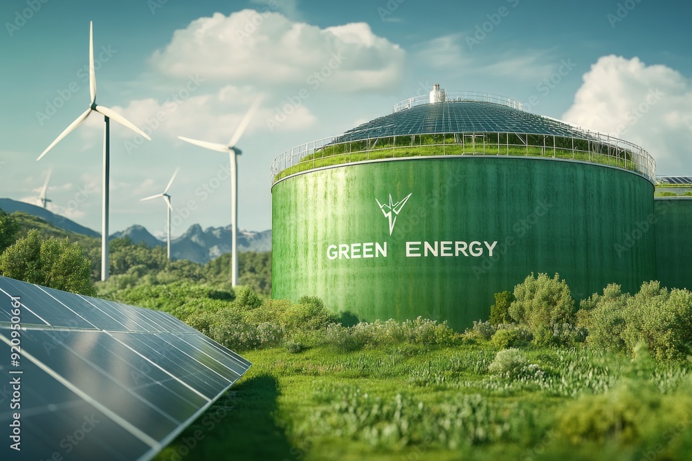 A green energy storage tank surrounded by solar panels and wind ...