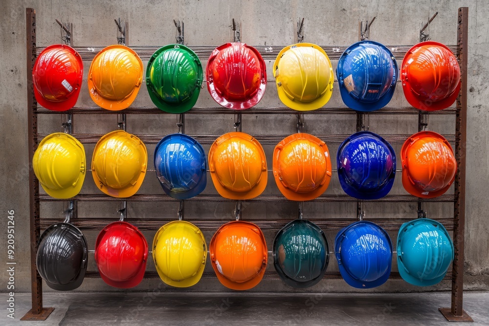 A rack showcases an array of brightly colored construction helmets in ...