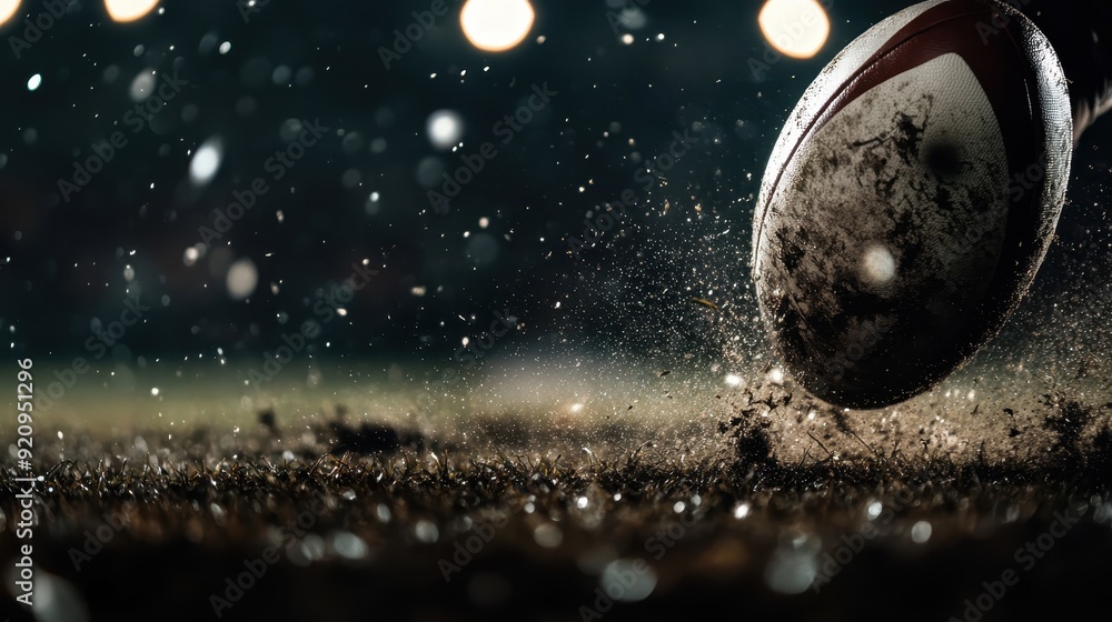 A close-up photo of a rugby ball hitting the wet, muddy ground under ...