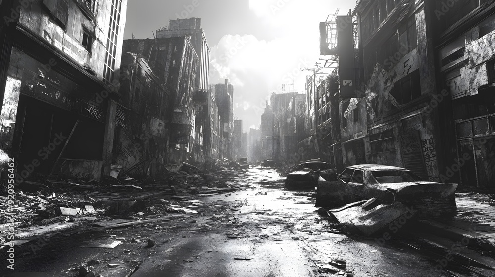 Black and white image of a post-apocalyptic city street with damaged ...