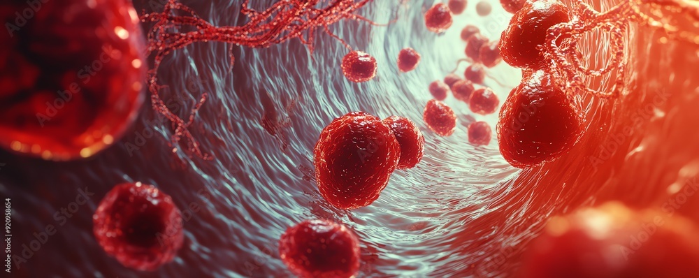Microscopic view of blood cells flowing in a blood vessel, showcasing ...
