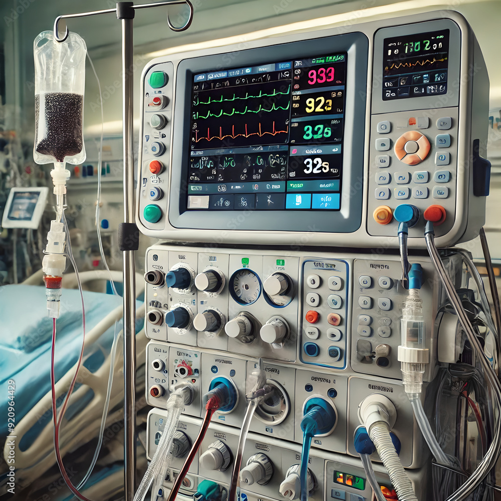 ECMO (Extracorporeal Membrane Oxygenation) procedure focusing on the ECMO machine in a clinical ...