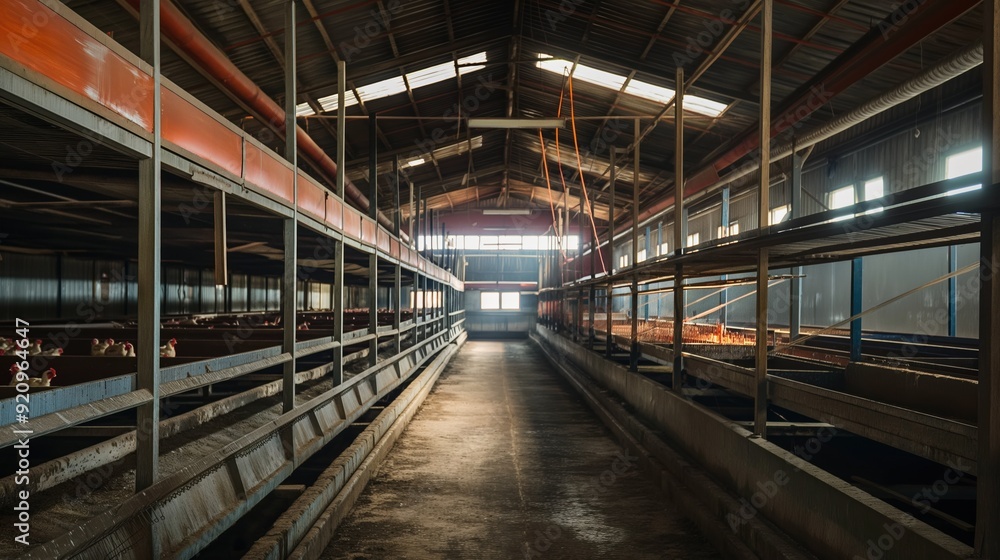 Poultry farm. Chickens. Chicken egg factory. Red chickens sit in ...