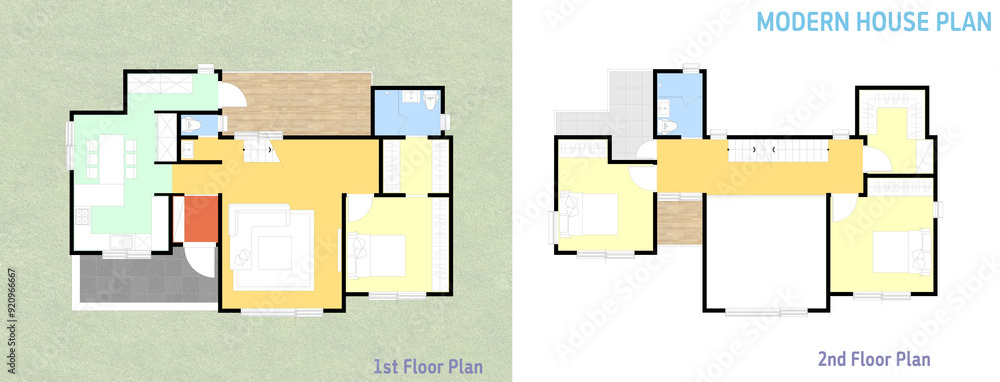 2d render of a house plan, 2d floor plan illustration of an ...