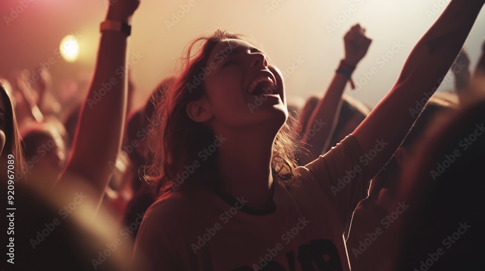 Ecstatic young woman dancing at a music festival with raised arms and a ...
