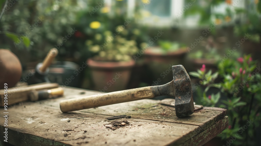Vintage rusty hammer on wooden workbench in garden shed with blurred ...