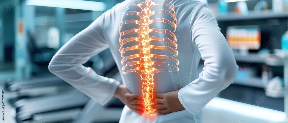 A person holds their lower back in an office setting, with an ...