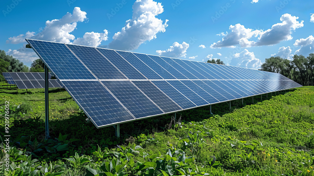 Solar power plant with solar panels on green grass and fields under a ...