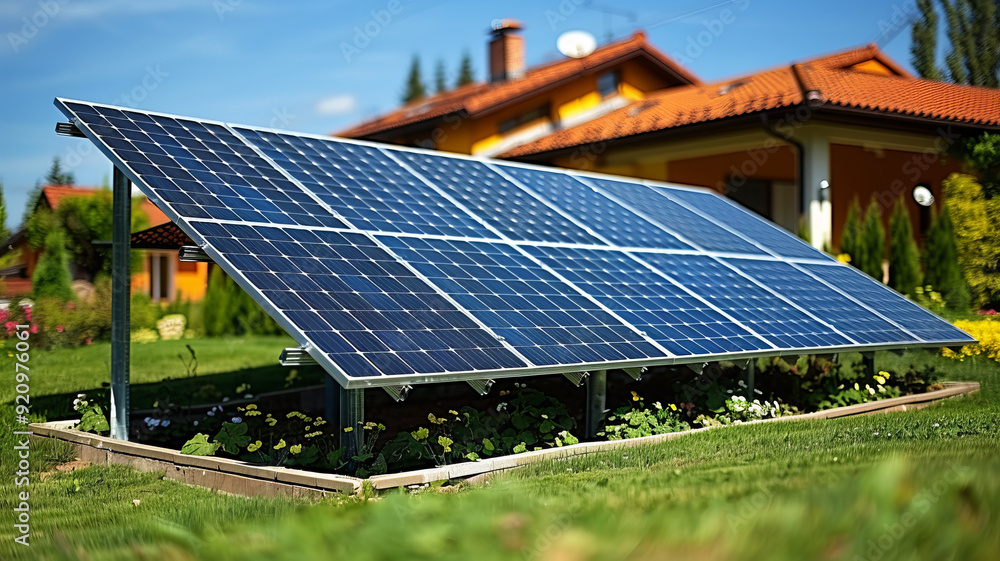 Solar power plant with solar panels on green grass and fields under a ...