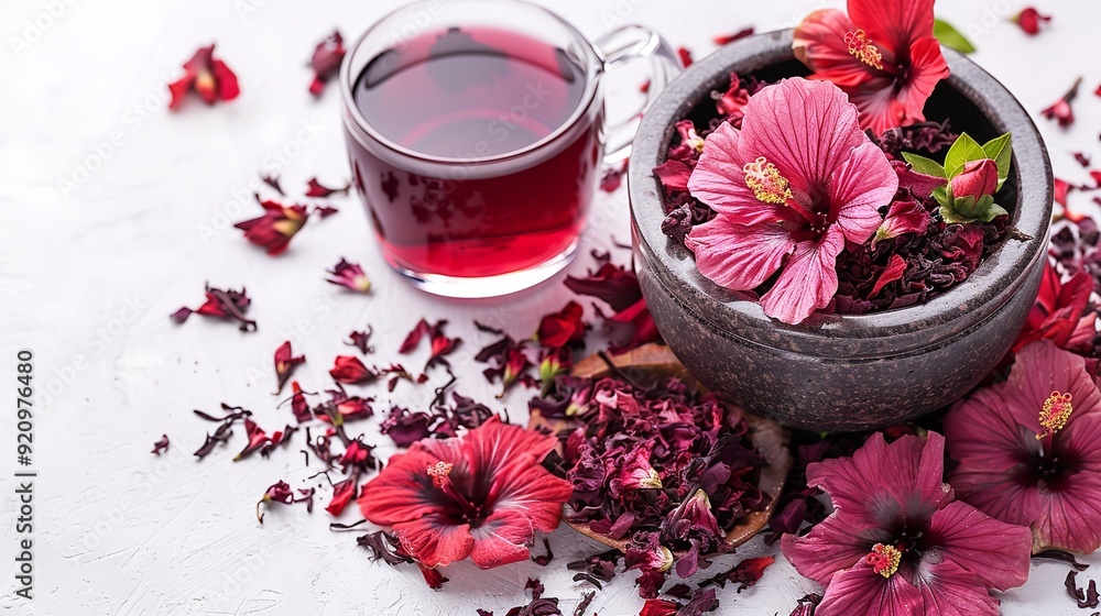 Red hibiscus tea set on a crisp white background with a mortar filled ...