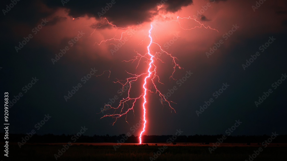 Dramatic red lightning bolt striking during a thunderstorm at night ...