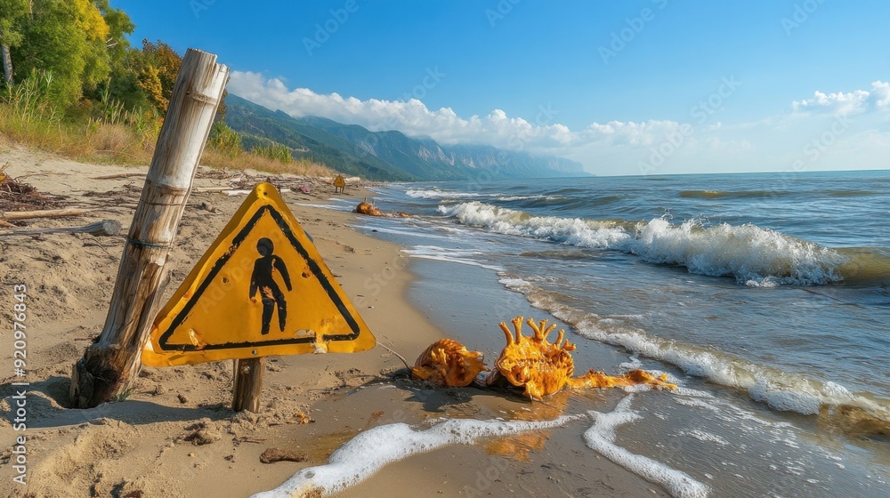 A contaminated beach with mutated sea creatures washed ashore, and ...